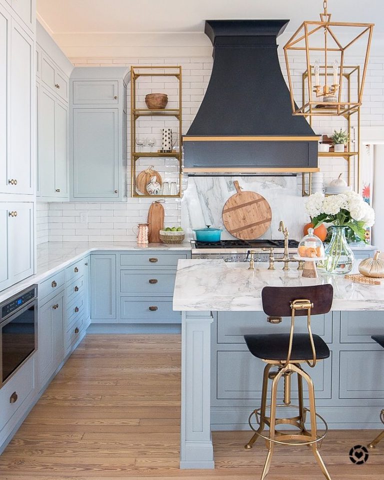 Light Blue Paint, Marble and Brass Kitchen Design - Interiors By Color