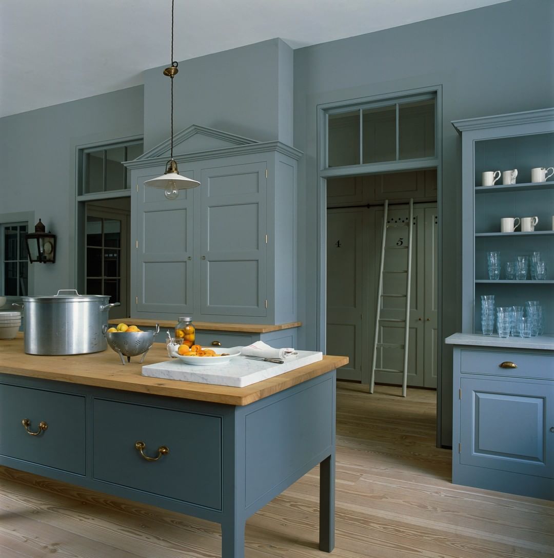 English-style-kitchen-with-cabinets-island-and-wall-all-painted-in-blue ...