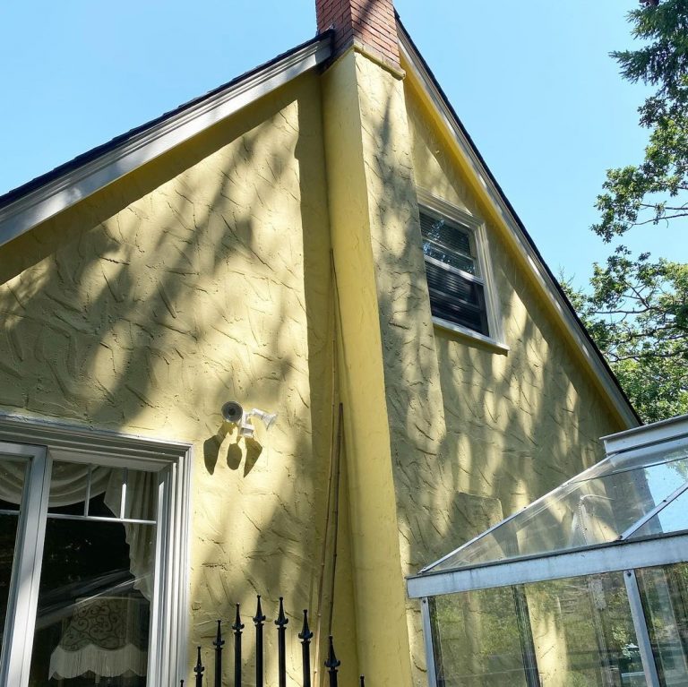 Benjamin-Moore-Hawthorne-yellow-painted-exterior-stucco - Interiors By ...