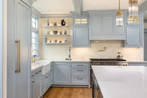 Farrow-Ball-Parma-Gray-blue-kitchen-cabinets - Interiors By Color
